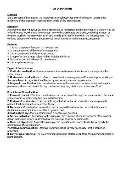 Co Ordination Notes CO ORDINATION Meaning It Is A Process Of Integrating The