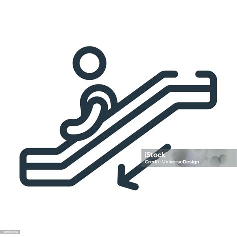 얇은 선 아이콘아래로 가는 에스컬레이터 계단 계단 선형 아이콘 표지판 개념 격리 된 윤곽 기호 웹 디자인 및 앱에 대한 벡터