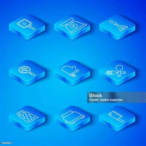 세트 라인 강판 오븐 장갑 토스터 십자형 포크와 스푼 바베큐 주걱 프라이팬 고기 다지기 아이콘 벡터 3차원 형태에 대한 스톡