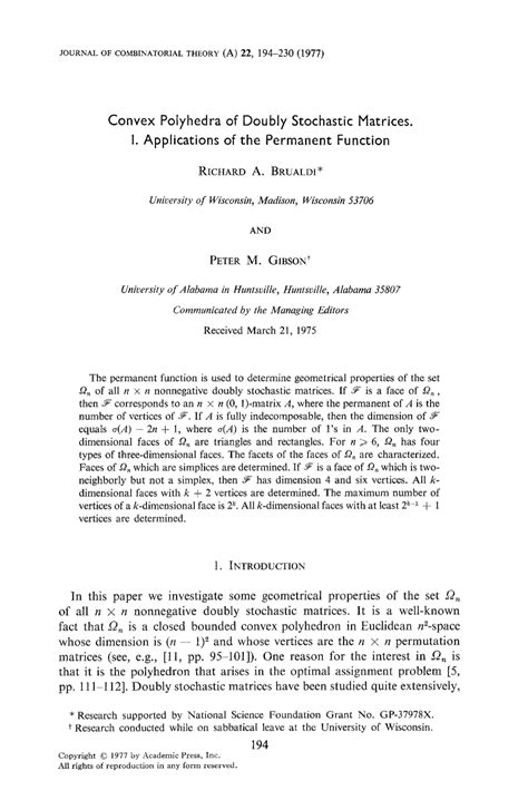 Convex Polyhedra Of Doubly Stochastic Matrices I Applications Of The