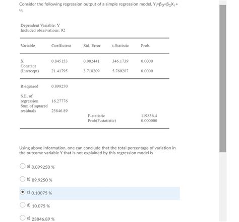 Solved Consider The Following Regression Output Of A Simple Chegg