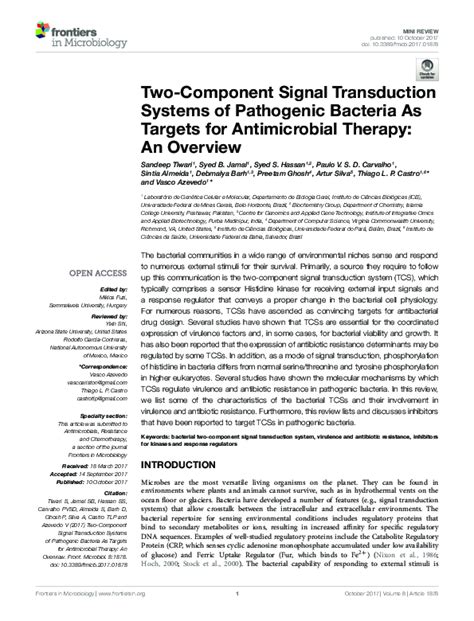 Pdf Two Component Signal Transduction Systems Of Pathogenic Bacteria As Targets For