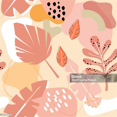 열대 정글 잎과 다양한 모양의 원활한 패턴 벡터의 추상적인 현대 일러스트레이션입니다 여름 시간 몬스테라속에 대한 스톡 벡터 아트 및 기타 이미지 Istock