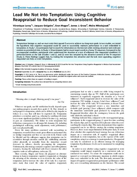 Pdf Lead Me Not Into Temptation Using Cognitive Reappraisal To Reduce Goal Inconsistent