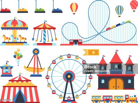 놀이 공원 관광 명소입니다 열차 관람차 회전 목마 및 롤러 코스터 평면 벡터 아이콘 놀이 공원에 대한 스톡 벡터 아트 및 기타 이미지 놀이 공원 Carnival 롤러