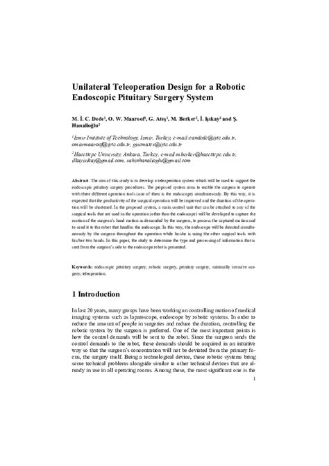 Pdf Unilateral Teleoperation Design For A Robotic Endoscopic Pituitary Surgery System