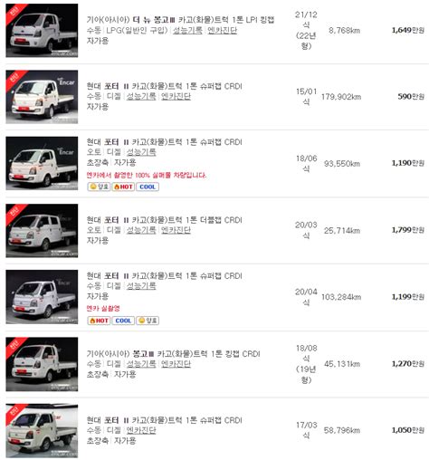 1톤 트럭 중고차 가격 시세표 23년 3월 최신 기준 1톤 트럭 중고차 가격 시세표 23년 3월 최신 기준