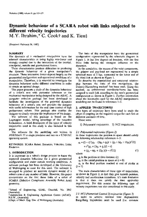 Pdf Dynamic Behaviour Of A Scara Robot With Links Subjected To Different Velocity Trajectories