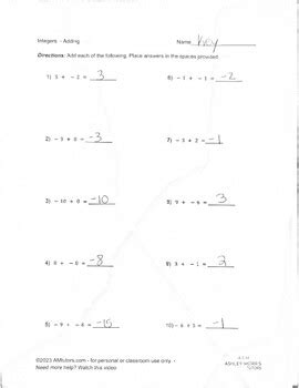 Integers Adding Practice With Key By Ashley Morris Tutors TPT