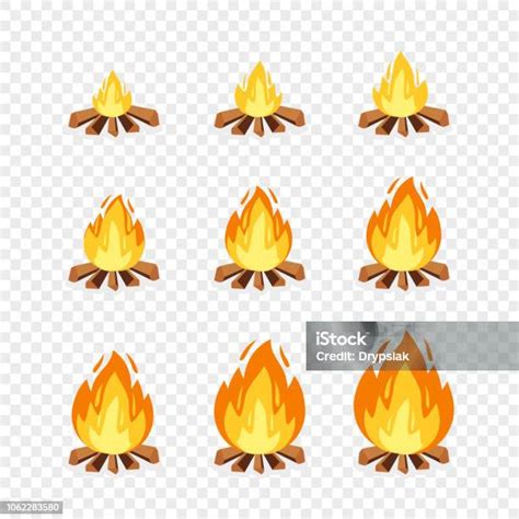 캠프 화재 스프라이트 애니메이션의 집합입니다 벡터 만화 그림 모닥불 프레임 레코딩입니다 투명 배경 게임 디자인에 대 한 캠프
