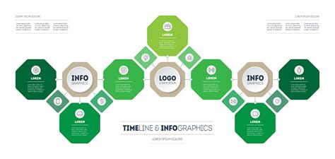7개의 파트가 있는 수평 타임라인 또는 인포그래픽 녹색 사업의 개발과 성장 7 개의 옵션과 13 개의 아이콘으로 에코 비즈니스의 타임 라인 또는 프리젠 테이션 개념 0명에