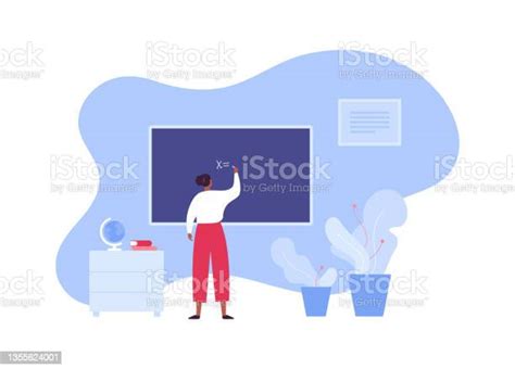 학교 교육 개념 벡터 플랫 피플 일러스트레이션 수학 클래스 아프리카 학생은 칠판에 X를 씁니다 행성 지구 지구와 책 기호 칠판에 대한 스톡 벡터 아트 및 기타 이미지