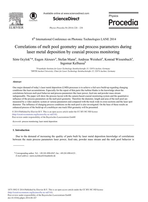 Pdf Correlations Of Melt Pool Geometry And Process Parameters During Laser Metal Deposition By