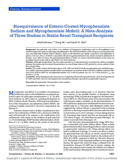 Pdf Bioequivalence Of Enteric Coated Mycophenolate Sodium And Mycophenolate Mofetil A Meta