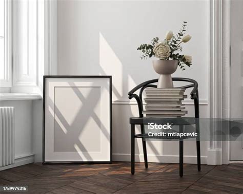 프레임 모형 단일 세로 Iso A 용지 크기 거실 벽에 포스터 모형 인테리어 모형 파리 아파트 배경입니다 모던한 인테리어 디자인 3d 렌더링 0명에 대한 스톡 사진 및 기타