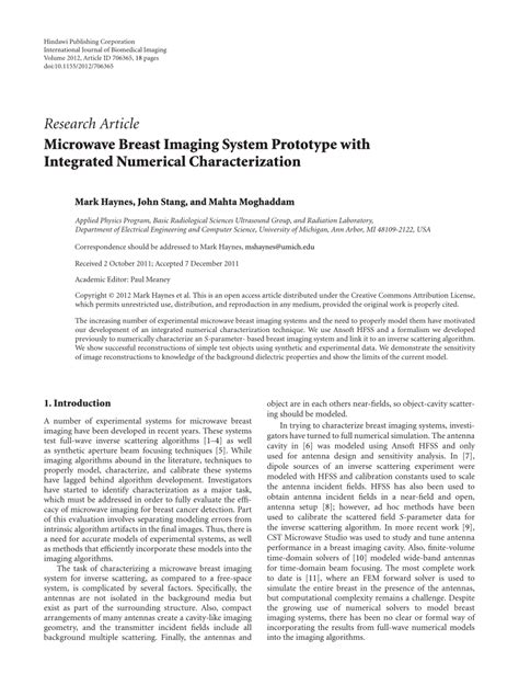 Pdf Microwave Breast Imaging System Prototype With Integrated