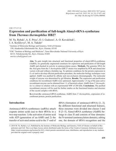Pdf Expression And Purification Of Full Length Alanyl Trna Synthetase