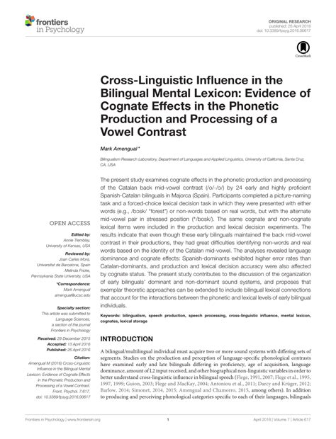 Pdf Cross Linguistic Influence In The Bilingual Mental Lexicon Evidence Of Cognate Effects In