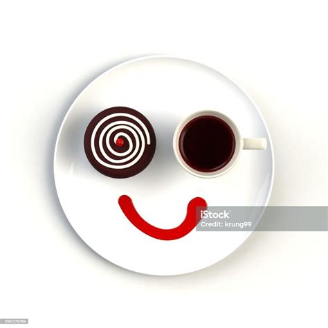 흰색 배경 커피 개념 그림 3d 렌더링에 고립 된 미소의 형태로 케이크와 커피 한 잔의 상위 뷰 3차원 형태에 대한 스톡 사진