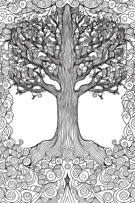 Adult Coloring Page Detailed Extreme Realistic Tree With Extremely Detailed Background