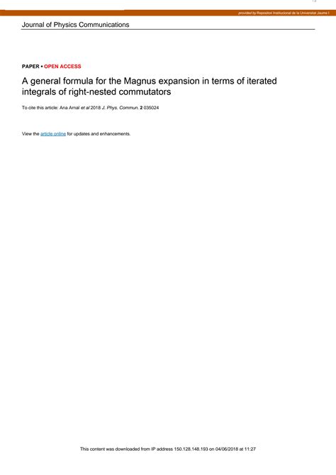 Solution A General Formula For The Magnus Expansion In Terms Of