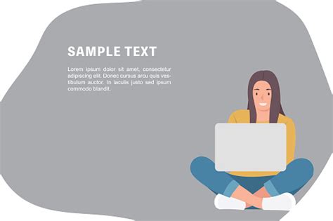 만화 사람들 문자 디자인 배너 템플릿 여자 교차 다리와 바닥에 앉아 노트북을 사용 하 여 귀여운에 대한 스톡 벡터 아트 및 기타