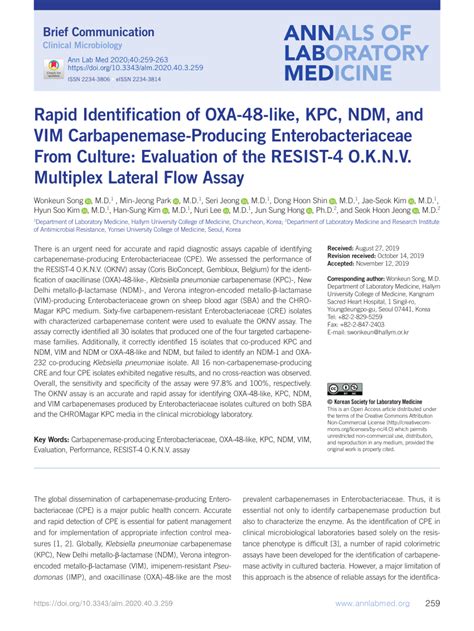 Pdf Rapid Identification Of Oxa 48 Like Kpc Ndm And Vim Carbapenemase Producing