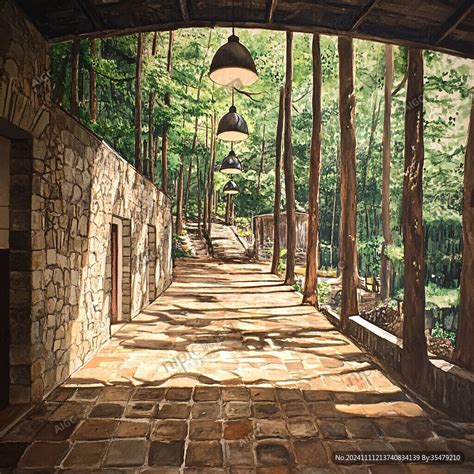 Ai创作图文艺小路场景 林中静谧长廊景观 别墅小道 林间过道 石板小径天井 度假区小路 林间走廊 石板廊道 别墅小路 唯美休闲小道 主题公园通道 林中走廊 阳光石阶小道 民宿装饰复古石板路