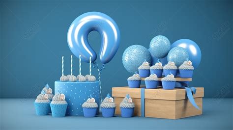 놀라운 3d 렌더링 축제 배경에 70개의 풍선과 선물이 포함된 생동감 넘치는 파란색 생일 컵케이크 파란 풍선 배경 축제 선물 배경 놀라 배경 이미지 Hd 파란 풍선