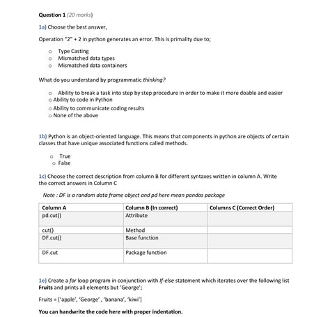 Solved Question 1 20 Marks 1a Choose The Best Answer Operation Course Hero