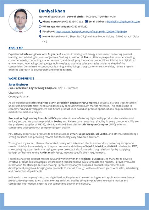 Cv Daniyal Khan About Me Experienced Sales Engineer With 8 Years