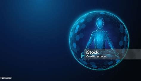 연꽃 요가 포즈에 앉아있는 인간의 추상적 인 그림은 낮은 폴리 스타일의 방패 장벽으로 보호됩니다 정신 건강과 명상 개념을 와이어프레임 연결 구조로 묘사한 파란색 기하학적