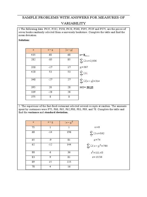 Sample Problems With Answers For Measures Of Variability Download