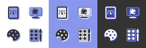 상자에 수채화 물감 디자인 프로그램이 있는 컴퓨터 팔레트 및 페인트 스프레이 아이콘을 설정합니다 벡터 개념에 대한 스톡 벡터