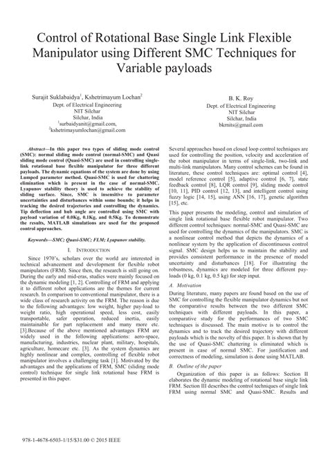 Pdf Control Of Rotational Base Single Link Flexible Manipulator Using Different Smc Techniques