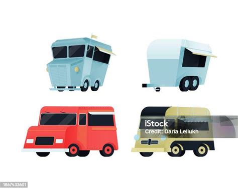 푸드 트럭 컬렉션 3 4 보기 현대 평면 벡터 일러스트 레이 션입니다 다채로운 길거리 푸드 트럭 밴입니다 소셜 미디어 템플릿입니다 트럭에 대한 스톡 벡터 아트 및 기타