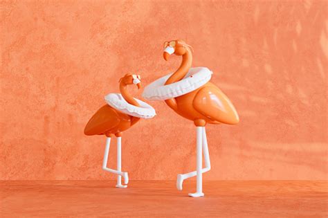 여름 해변 휴가 여행 배경 풍선 플라밍고와 야자수 그림자 오렌지 색상 배경 0명에 대한 스톡 사진 및 기타 이미지 0명 3차원 형태 개념 Istock