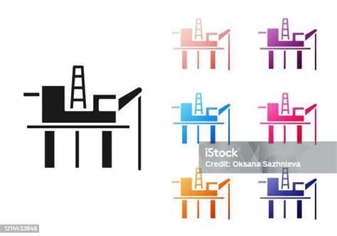 흰색 배경에 고립 된 바다 아이콘의 블랙 오일 플랫폼입니다 바다에서 시추 장비 석유 플랫폼 가스 연료 산업 해양 다채로운 아이콘을 설정합니다 벡터 일러스트레이션 0명에 대한