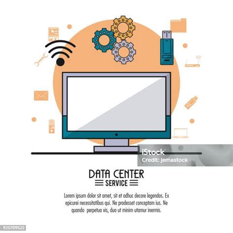 데스크톱 컴퓨터 및 도구 아이콘 위에 데이터 센터 서비스의 화려한 포스터 네트워크 서버에 대한 스톡 벡터 아트 및 기타 이미지 네트워크 서버 다중 색상 단면도