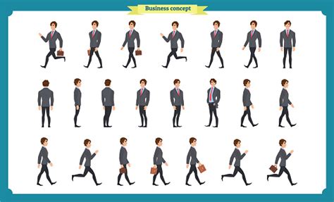 산책 하 고 사업 실행의 컬렉션 집합입니다 산책 실행 활성 움직임의 다양 한입니다 플랫 문자 남자 만화 스타일 측면 보기 전면