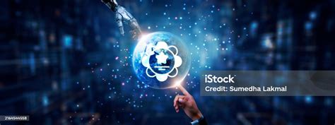 브랜딩 아이콘 글로벌 네트워크 연결 디지털 마케팅 전략 고객 참여 시장 포지셔닝 및 인공 지능 기술에 대한 로봇과 인간의 손길 고객에 대한 스톡 사진 및 기타 이미지