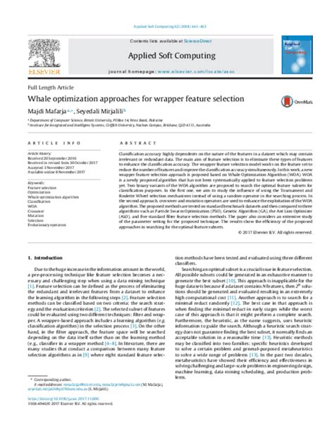 Pdf Whale Optimization Approaches For Wrapper Feature Selection