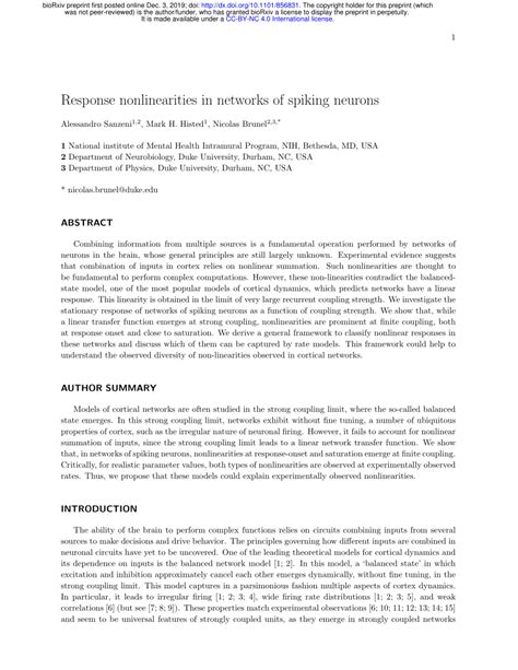 Pdf Response Nonlinearities In Networks Of Spiking Neurons