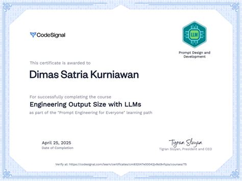 🚀 Just Earned Engineering Output Size With Llms Certification From Codesignal Dimas Satria
