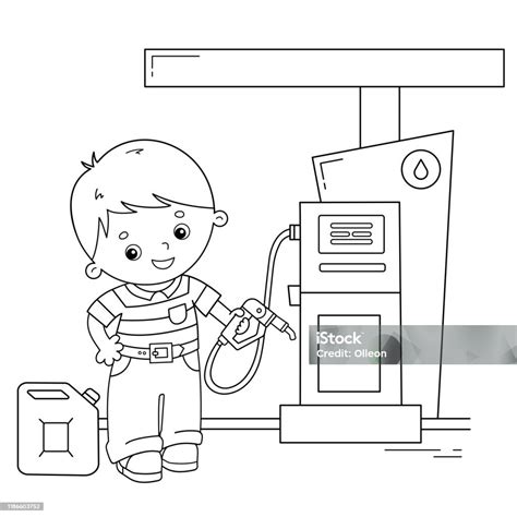 색칠 페이지 개요 주유소에 자동차와 만화 드라이버의 개요 어린이를위한 이미지 전송 또는 차량 아이들을위한 색칠 공부 책 가솔린에