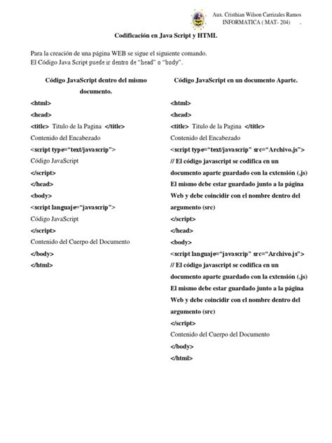 Codificación En Java Script Y Html Pdf Comillas Script Java