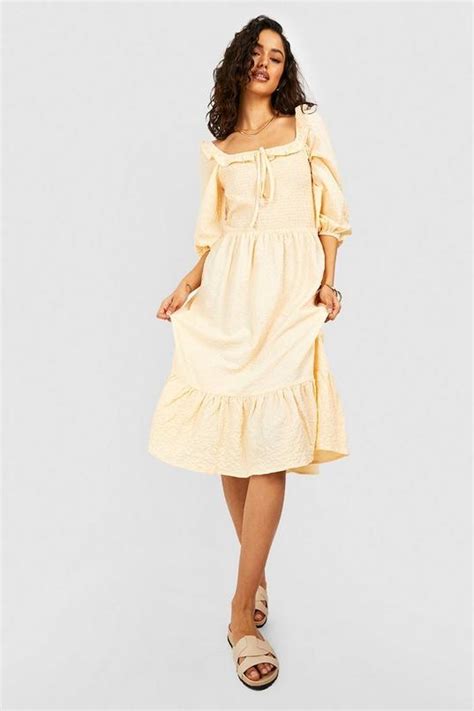 Textured Ruffle Shirred Midi Dress Boohoo Uk