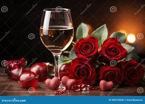 Romantic Atmosphere With Red Roses Wine Glass And Heart Shaped