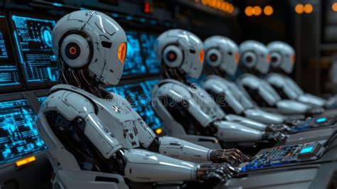 Futuristic Robots Working In A High Tech Control Room Stock