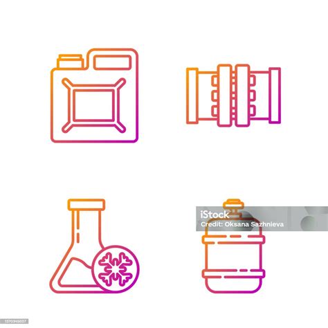 세트 라인 프로판 가스 탱크 부동 액테스트 튜브 가솔린 및 산업 금속 파이프 및 밸브캐니스터 그라데이션 색상 아이콘입니다 벡터 0명에 대한 스톡 벡터 아트 및 기타 이미지